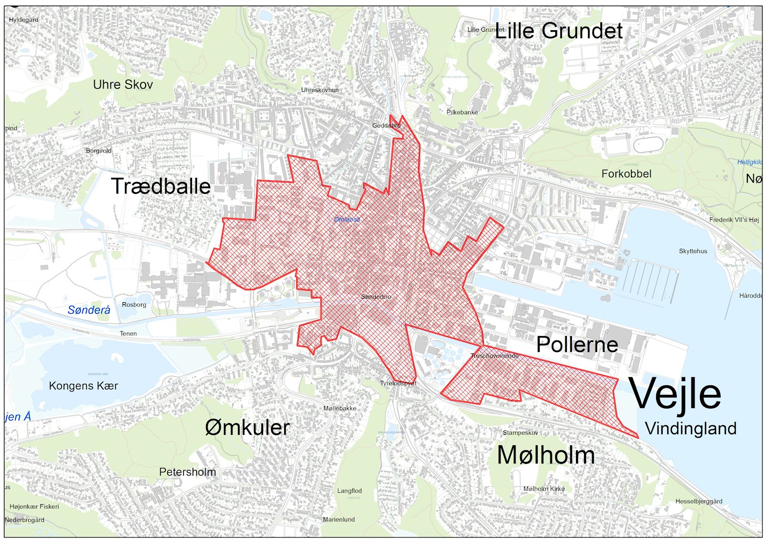 Kort over midtbyafgrænsninger i Vejle Kommune
